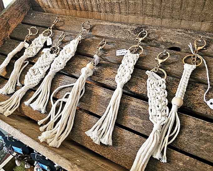 Handcrafted macram&eacute; keychains dangle like miniature works of art, offering affordable treasures to remember your Big White House adventure.