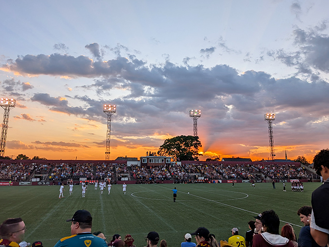 Keyworth Stadium erupts with color and passion during a Detroit City FC match, where soccer brings together Hamtramck's diverse communities in shared celebration.