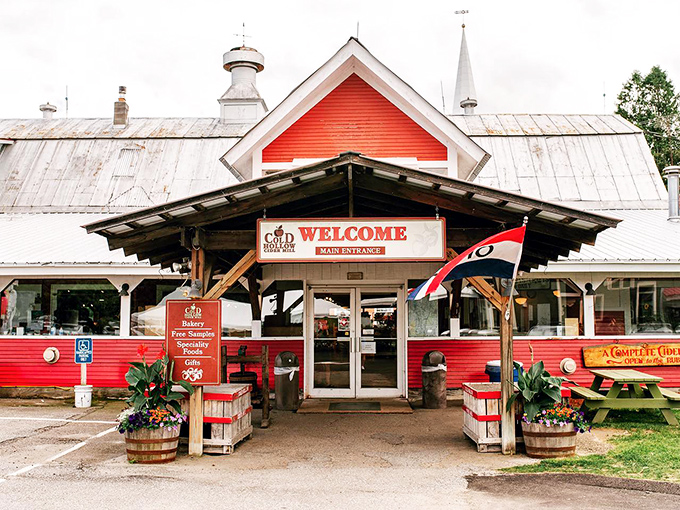 The welcoming entrance to apple paradise, where Vermont's finest cider mill beckons visitors with the promise of sweet, apple-filled memories.