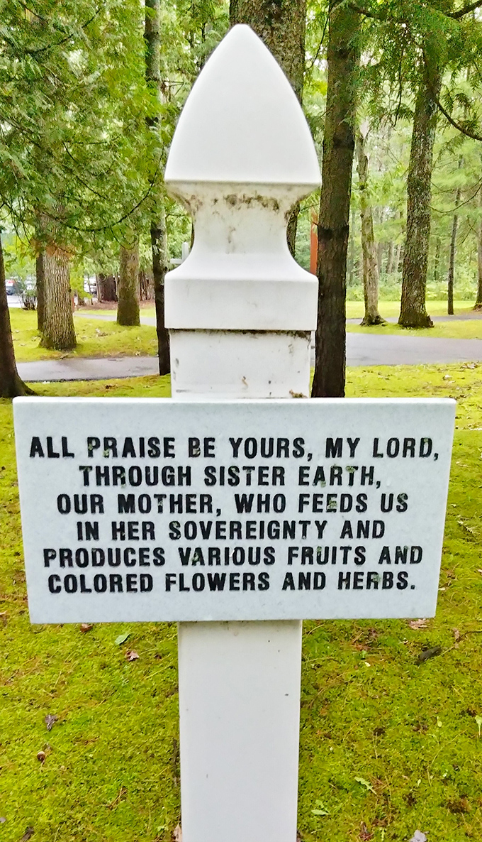 Thoughtful inscriptions throughout the grounds connect spiritual themes with the natural world, reminding visitors of the earth's sacred dimensions.