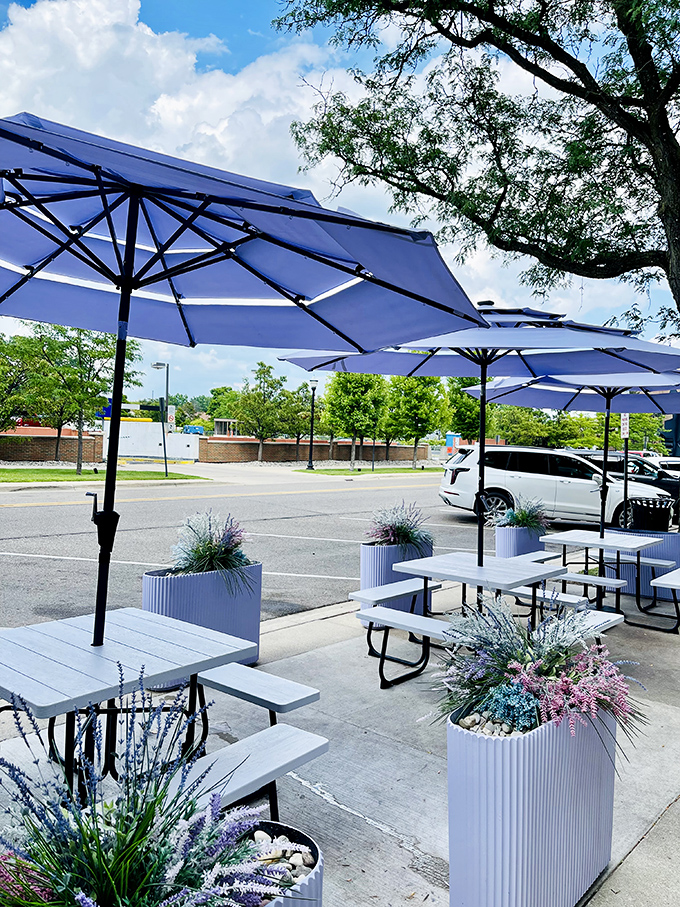 The outdoor seating area offers a lavender-shaded oasis for enjoying your treats al fresco &ndash; because ice cream always tastes better with a side of sunshine.