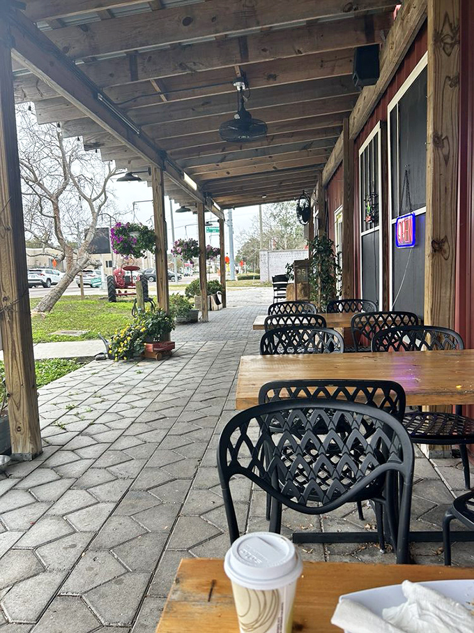 Covered patio seating lets you enjoy your sandwich while watching the neighborhood bustle by on a perfect Florida day.