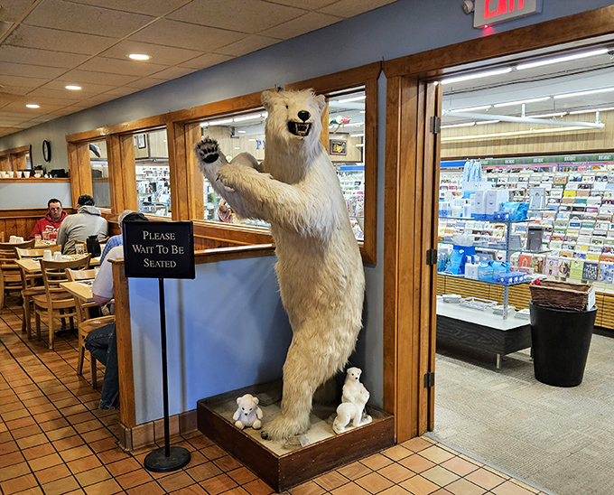 The restaurant's famous polar bear greeter stands tall, eternally surprised by how many pancakes humans can actually consume.
