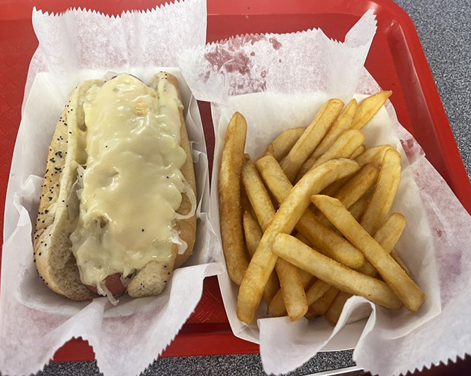 The Reuben dog combines two comfort food classics into one magnificent creation – proof that innovation and tradition can coexist deliciously.