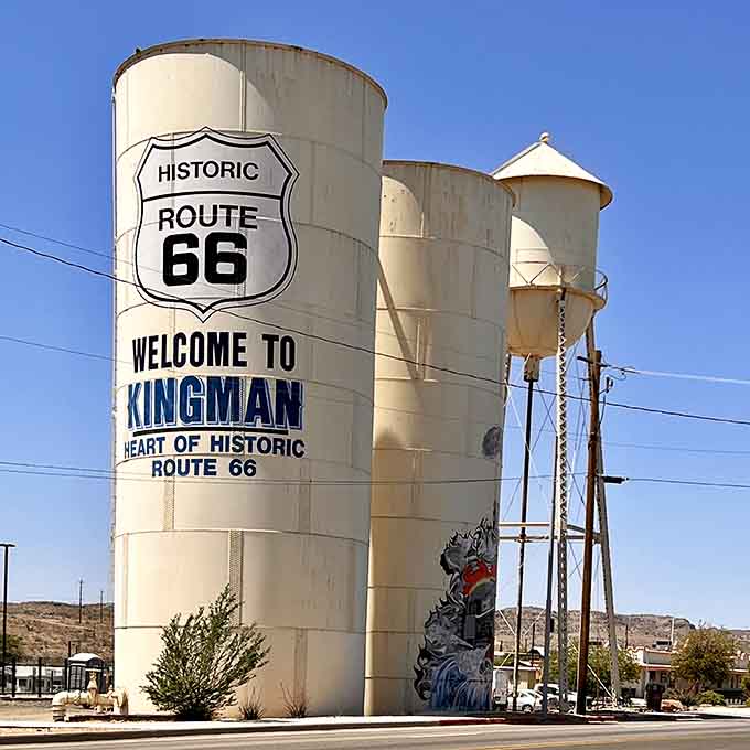The painted water towers serve as Kingman's calling card, visible for miles and impossible to miss or forget.