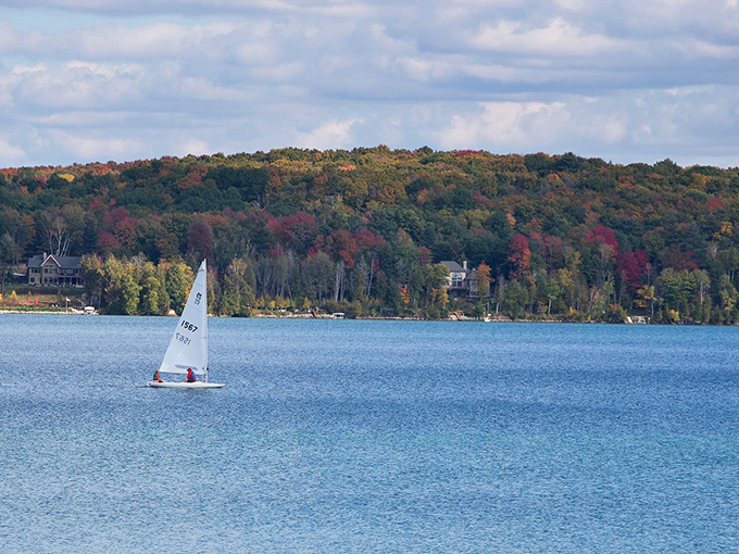 Wind-powered joy: A sailboat glides across autumn waters, framed by the fiery foliage that makes fall in Michigan magical.