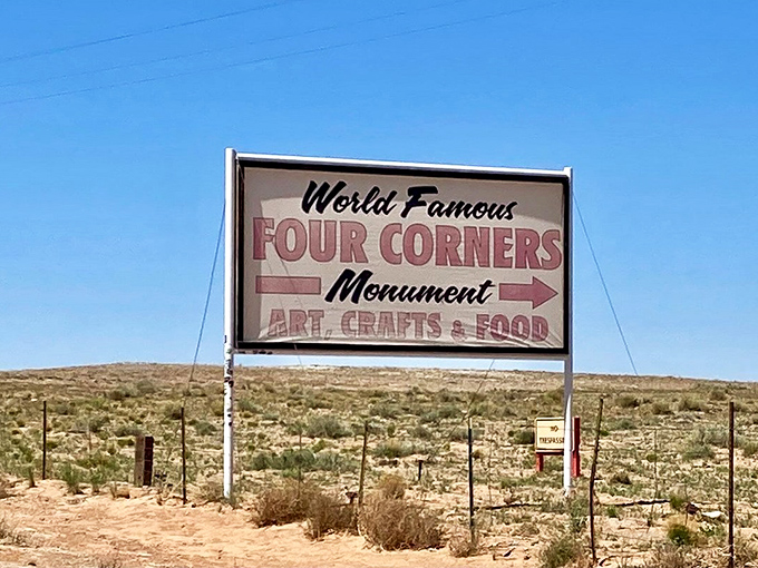 A roadside sign points the way to this world-famous monument, beckoning travelers to experience four-state magic.