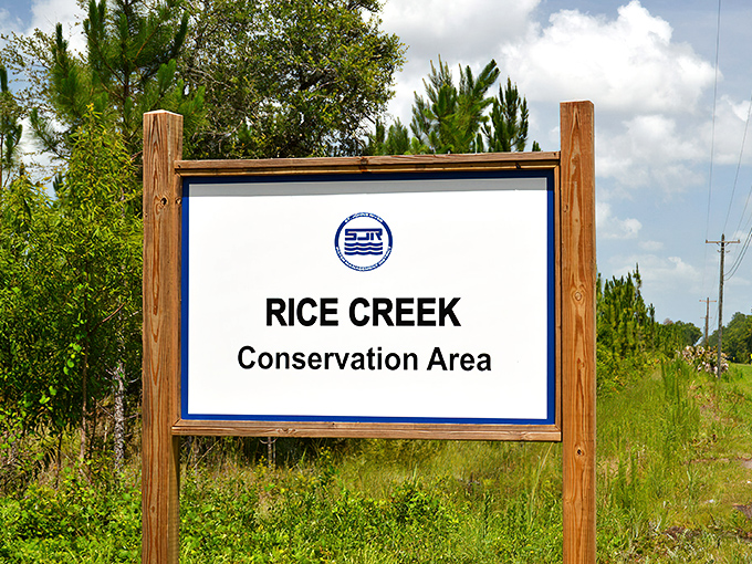The Rice Creek Conservation Area sign stands as both invitation and promise &ndash; wild Florida awaits just beyond.