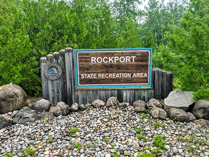 The gateway to geological adventure &ndash; this unassuming sign marks the entrance to Michigan's most remarkable fossil hunting grounds.