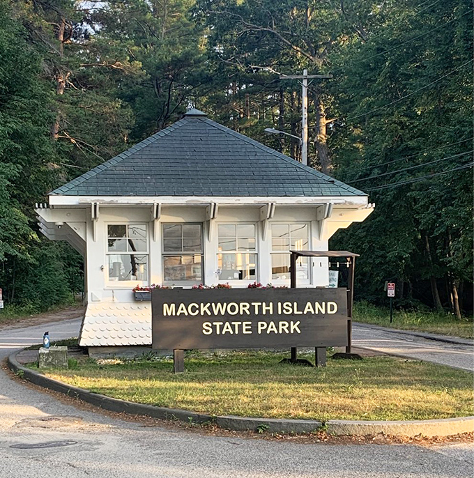 The entrance to Mackworth Island welcomes visitors with the promise of both natural beauty and magical encounters just beyond.