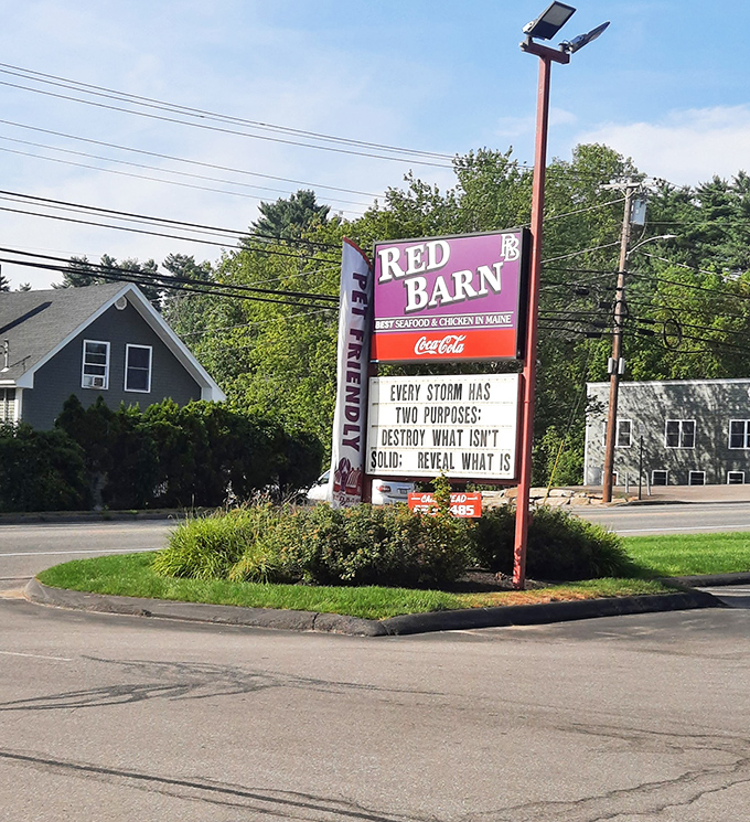 The sign that speaks volumes – witty wisdom and community connection in equal measure at this beloved Maine institution.