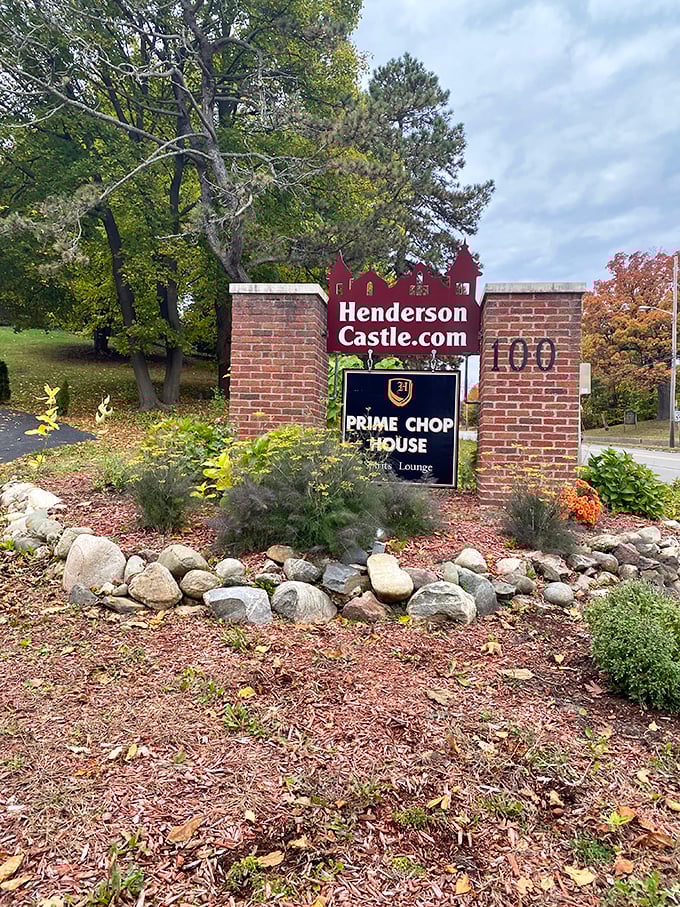 The castle's distinctive signage marks the entrance to this culinary kingdom, where gourmet dining and historic ambiance create an unforgettable experience.