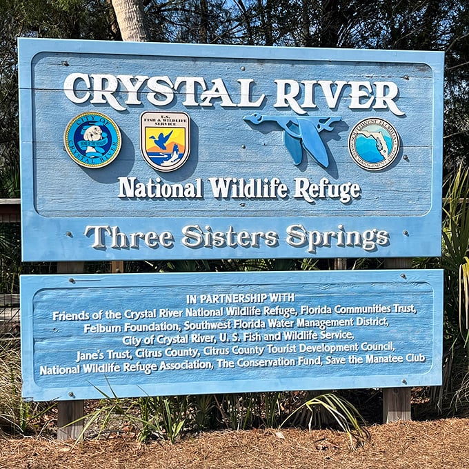 The official signage at Crystal River National Wildlife Refuge highlights the collaborative conservation efforts protecting this unique ecosystem.