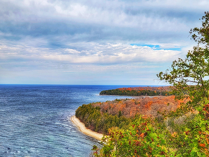 Sven's Bluff Lookout rewards hikers with breathtaking panoramas where autumn's palette transforms the peninsula into living art.