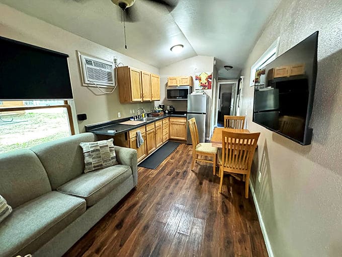 Compact kitchen where "roughing it" means using a regular coffee maker instead of your programmable one at home.