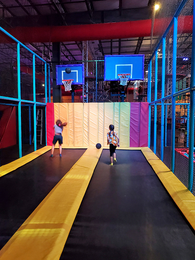 Trampoline Basketball Courts: Where average-height humans channel their inner NBA stars, thanks to the magic of springy surfaces and lowered expectations.
