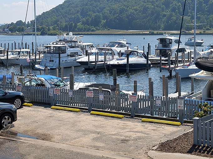 Boats rest peacefully in their slips as the marina offers a protected haven from Lake Michigan's occasionally moody waters.