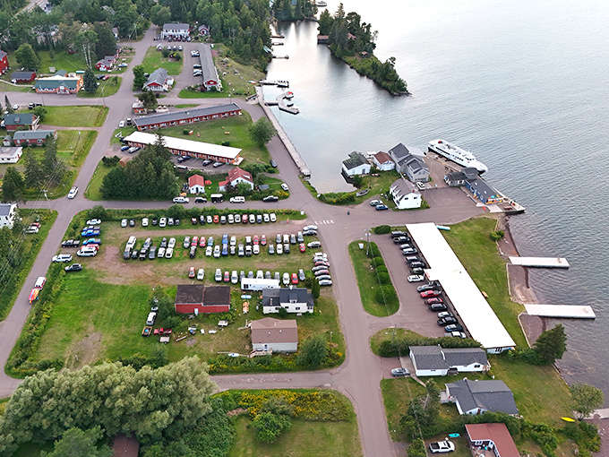 Aerial views reveal Copper Harbor's compact layout, where everything you need for adventure sits within walking distance of Lake Superior's sparkling waters.