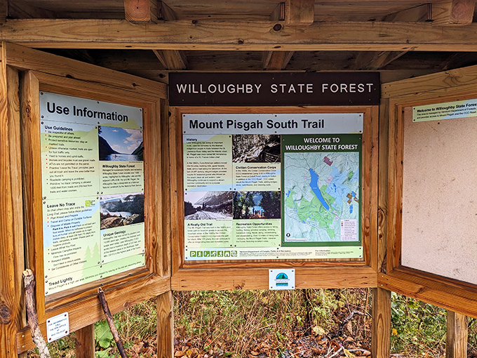 Information kiosk at Mount Pisgah South Trail &ndash; where adventures begin and city stress ends, one hike at a time.