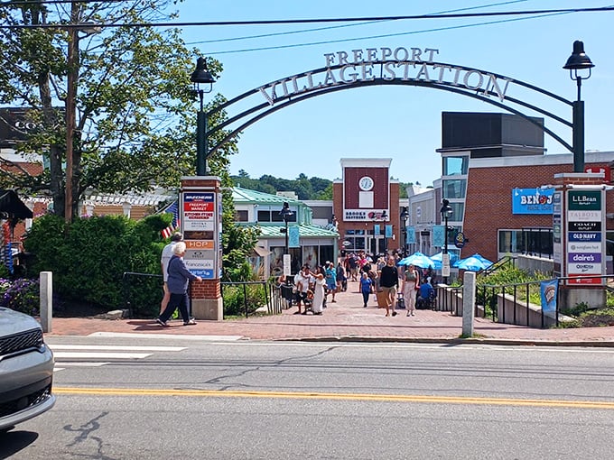 Sunshine, shopping, and New England charm – Freeport's outdoor walkways invite visitors to stroll, shop, and occasionally wonder where they parked.