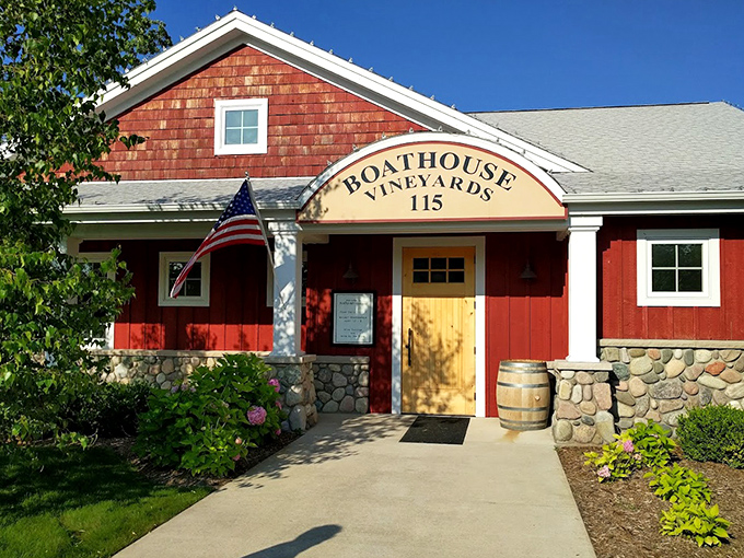 The front door to your new favorite place: Boathouse Vineyards' welcoming entrance promises exceptional wines and unforgettable experiences beyond the yellow door.