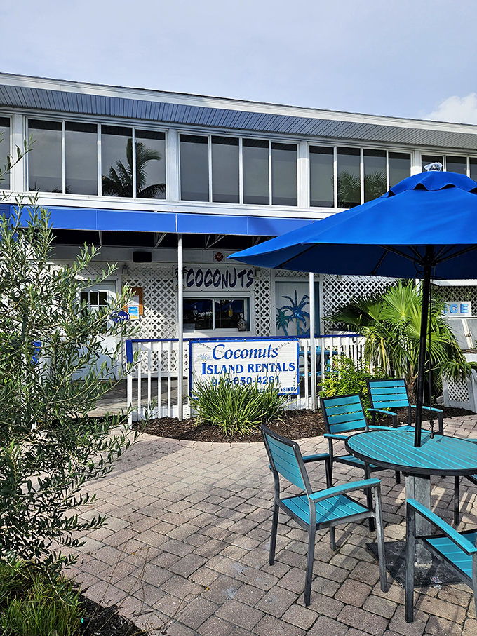 Turquoise chairs pop against the paved patio outside Coconuts Island Rentals, offering a colorful spot to plan your next Palm Island adventure.