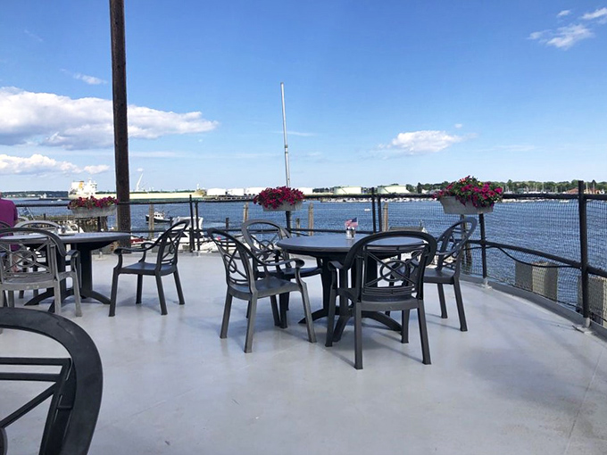 The outdoor deck offers unobstructed harbor views &ndash; summer dining doesn't get more "Maine" than this.