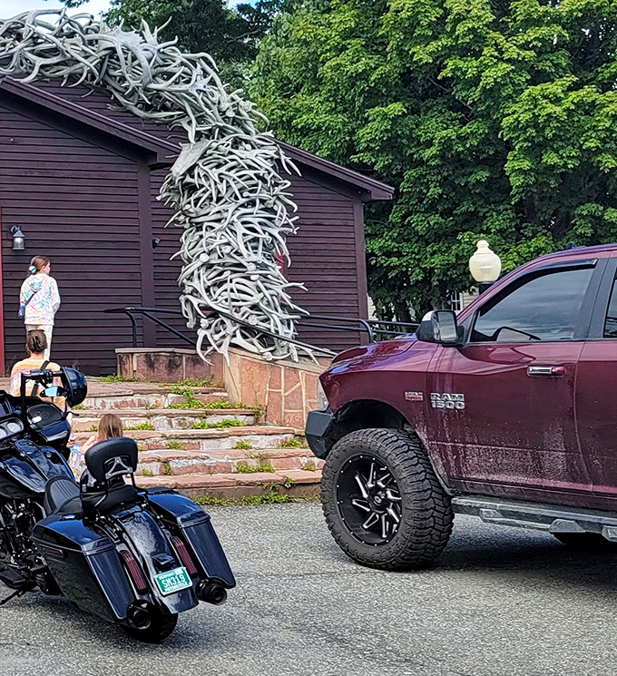 That antler archway looks even more impressive from the parking lot &ndash; nature's own grand entrance.