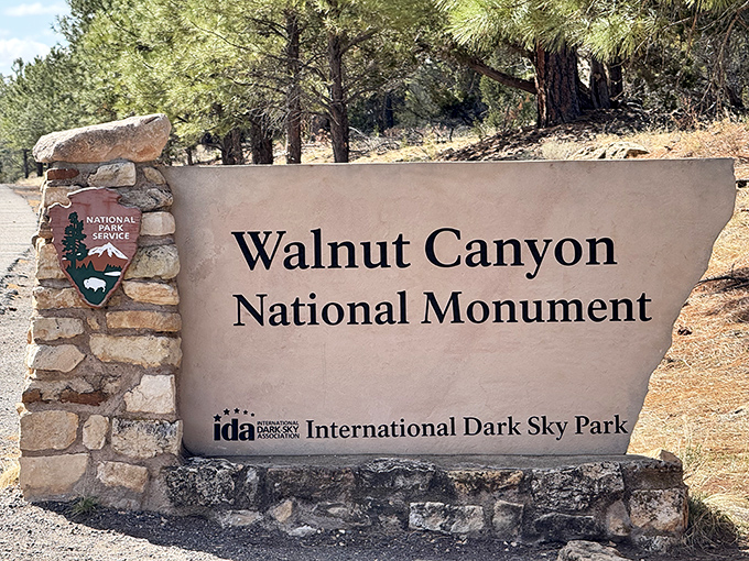 The monument's entrance sign welcomes visitors to this International Dark Sky Park, where night skies remain pristine.