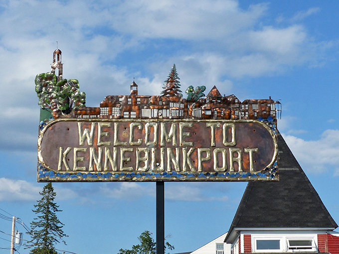 Kennebunkport's welcome sign captures the town's whimsical spirit. Like a maritime snow globe without the snow, it promises storybook adventures ahead.