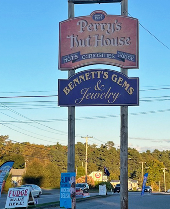 The iconic Perry's Nut House sign has guided hungry travelers since 1927, promising the perfect trifecta: nuts, curiosities, and that legendary fudge.
