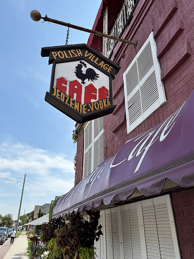 The hanging sign featuring a proud rooster announces "Jedzenie i Vodka" (Food and Vodka), a simple but perfect summary of what awaits inside.