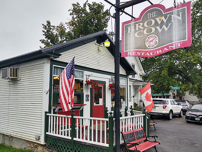 The iconic Brown Cow sign stands as a beacon for hungry travelers and locals alike.