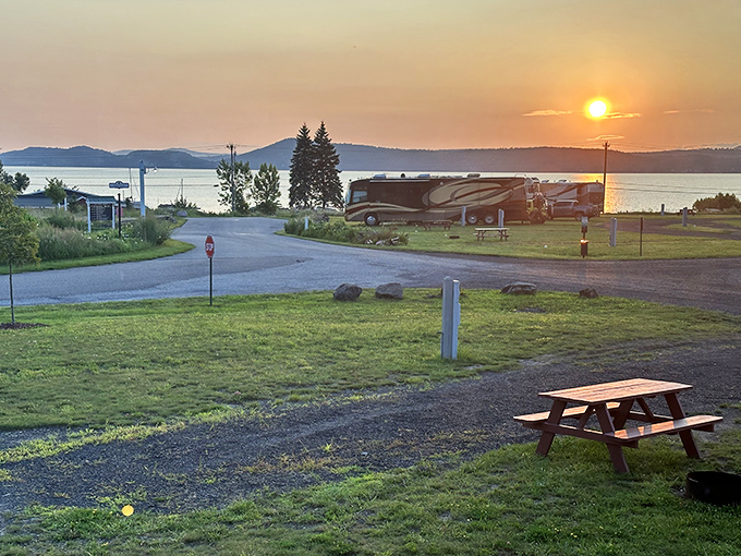 Sunset over Lake Champlain creates the perfect backdrop for South Hero's enchanting landscape of tiny castles and big views.