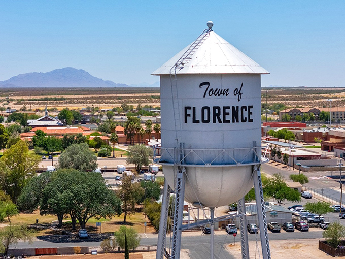 "Town of Florence" proudly proclaims the water tower, a landmark visible for miles across the Sonoran landscape.