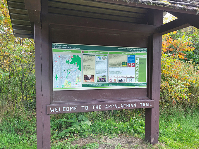 Trail guide: The Appalachian Trail information board provides context and direction for hikers about to embark on their Green Mountain journey.