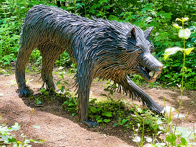 Hundreds of metal pieces come together to form this impressive wolf, solid from afar yet intricate up close &ndash; much like life itself.
