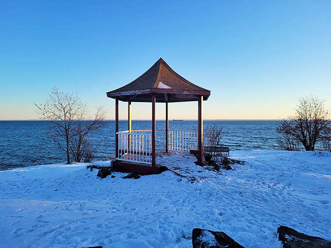 This lakeside gazebo provides the perfect spot to examine your day's finds while waves provide nature's soundtrack just feet away.