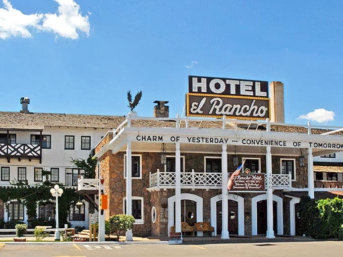 El Rancho Hotel's western facade and vintage neon sign welcome weary travelers to this historic Gallup landmark.