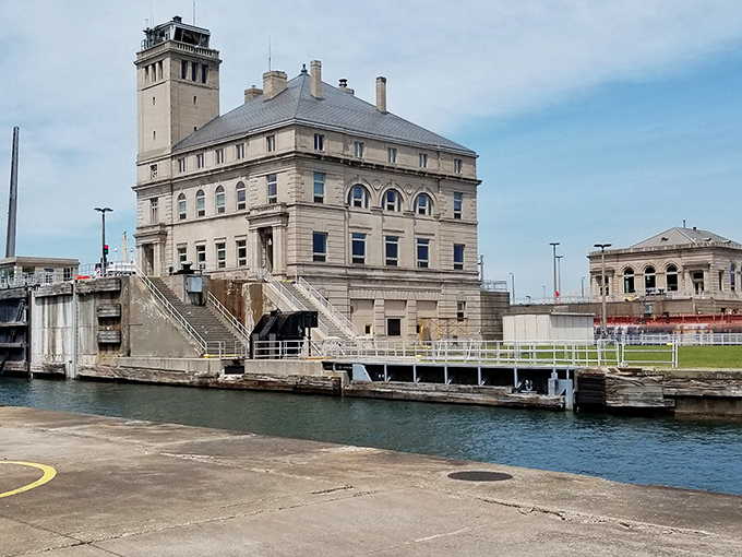 Sault Ste. Marie's famous Soo Locks allow massive freighters to navigate between Lake Superior and Lake Huron.