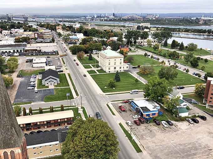 The historic waterfront in Sault Ste. Marie offers views of international shipping traffic and the engineering marvel of the Soo Locks.