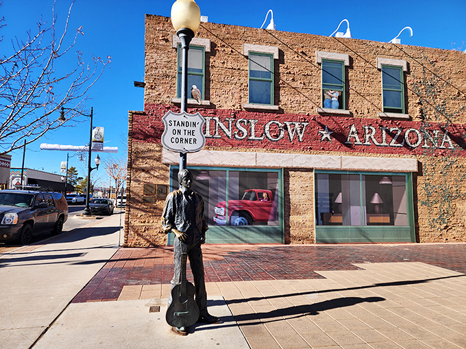 A bronze guitarist stands forever on this famous Winslow corner, immortalizing the Eagles' lyrics that put this Arizona town on the map.