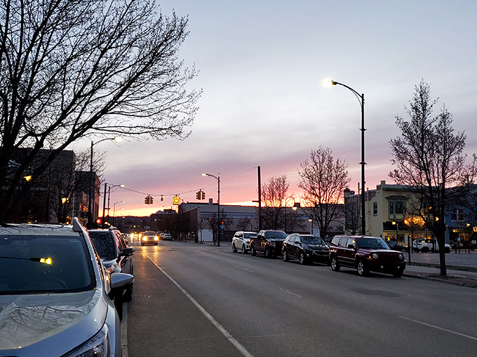 Sunset bathes Traverse City's streets in golden light, the perfect end to a day of exploring this northern Michigan gem.