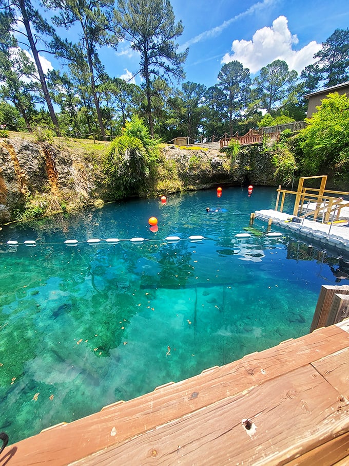 Divers prepare to descend into the mysterious depths of Blue Grotto, where visibility extends up to 200 feet in the pristine spring waters.