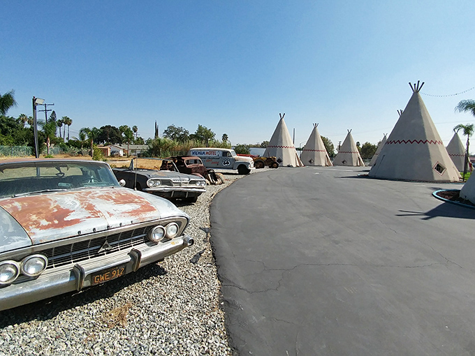 Vintage cars and teepee-shaped rooms create a time-travel experience at this San Bernardino motel that's been welcoming road trippers since the 1950s.