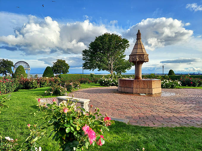 Leif Erikson Park's charming brick pathways and flower gardens create a peaceful oasis overlooking Lake Superior's vast blue waters.