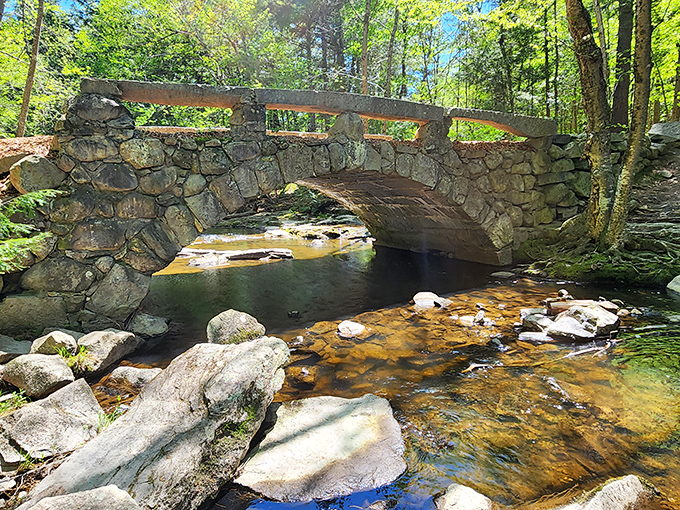 The iconic stone bridge at Vaughan Woods Memorial State Park – nature's perfect arch over bubbling waters, straight from a storybook setting.
