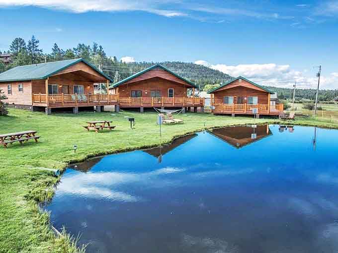 Cozy cabins by a peaceful pond create the perfect winter escape in the White Mountains.