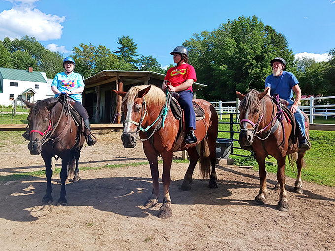 Three riders on horseback enjoying a winter trail ride at Carousel Horse Farm, where snowy adventures await both beginners and experienced equestrians.