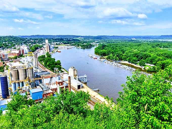 Red Wing's riverfront stretches into the distance, industrial heritage and natural beauty creating a perfect Minnesota panorama.